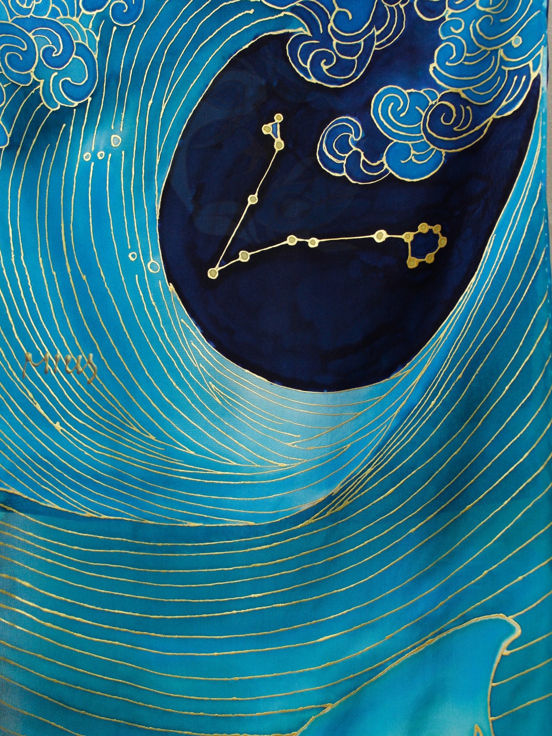 MIUS - Long Silk Scarf - Zodiac Pisces Star Sign Hand Painted Silk ...