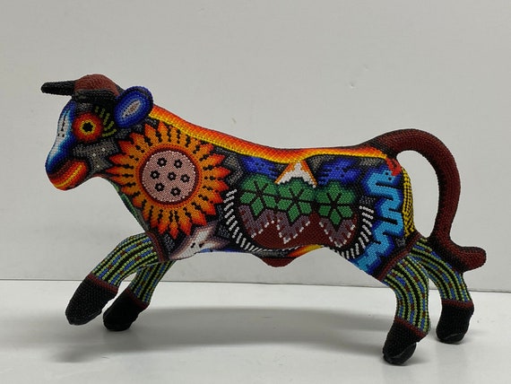 mexican cow mexican art Huichol cow mexican decor peyote flower ...