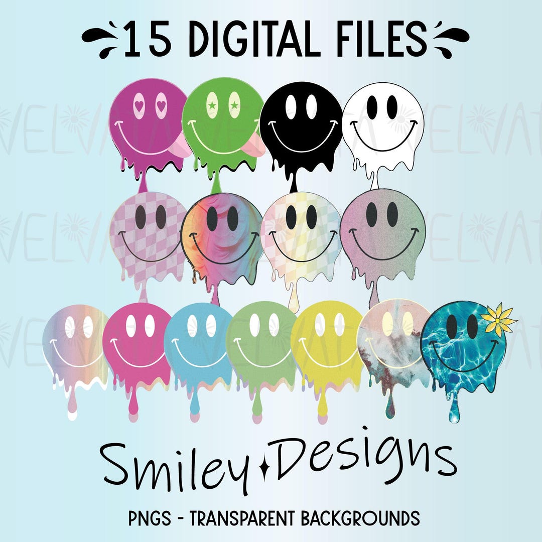 15 Pack BUNDLE *digital Files* Drip Smiley Face PNG for T-shirts ...