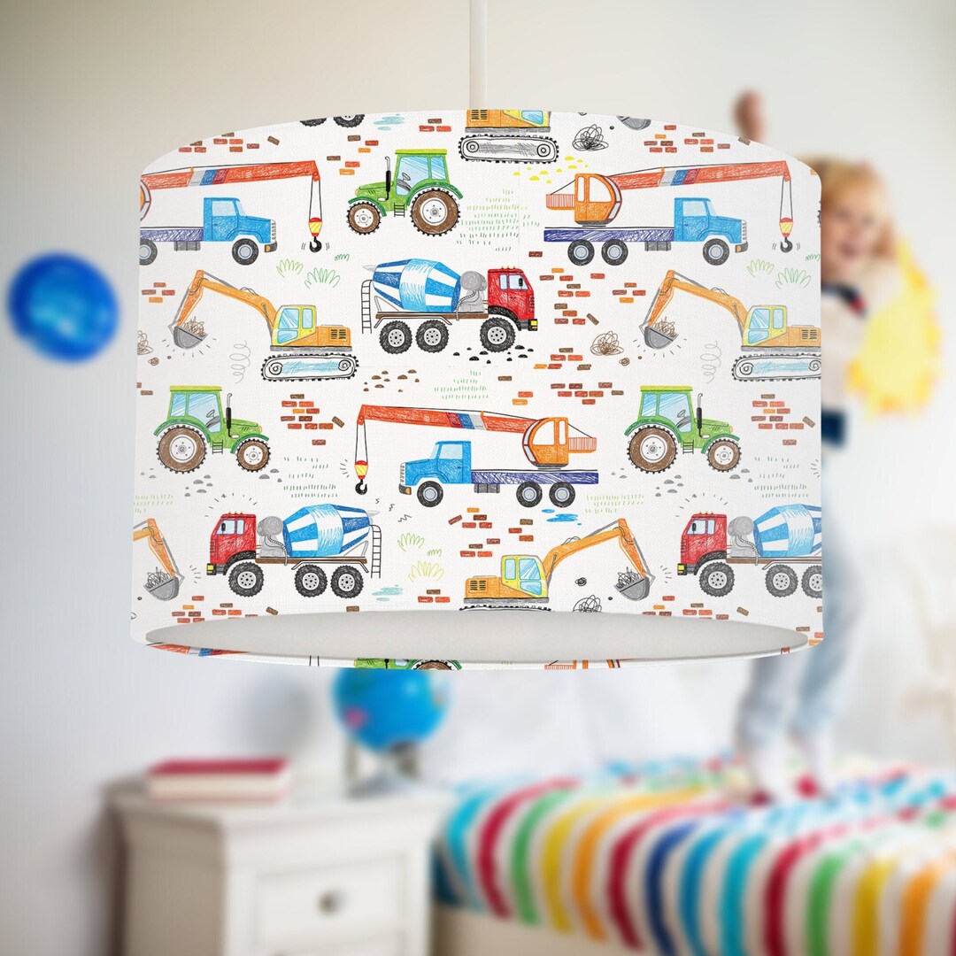 Colourful Construction Vehicles Lampshade, Red, Blue and Green, Nursery ...