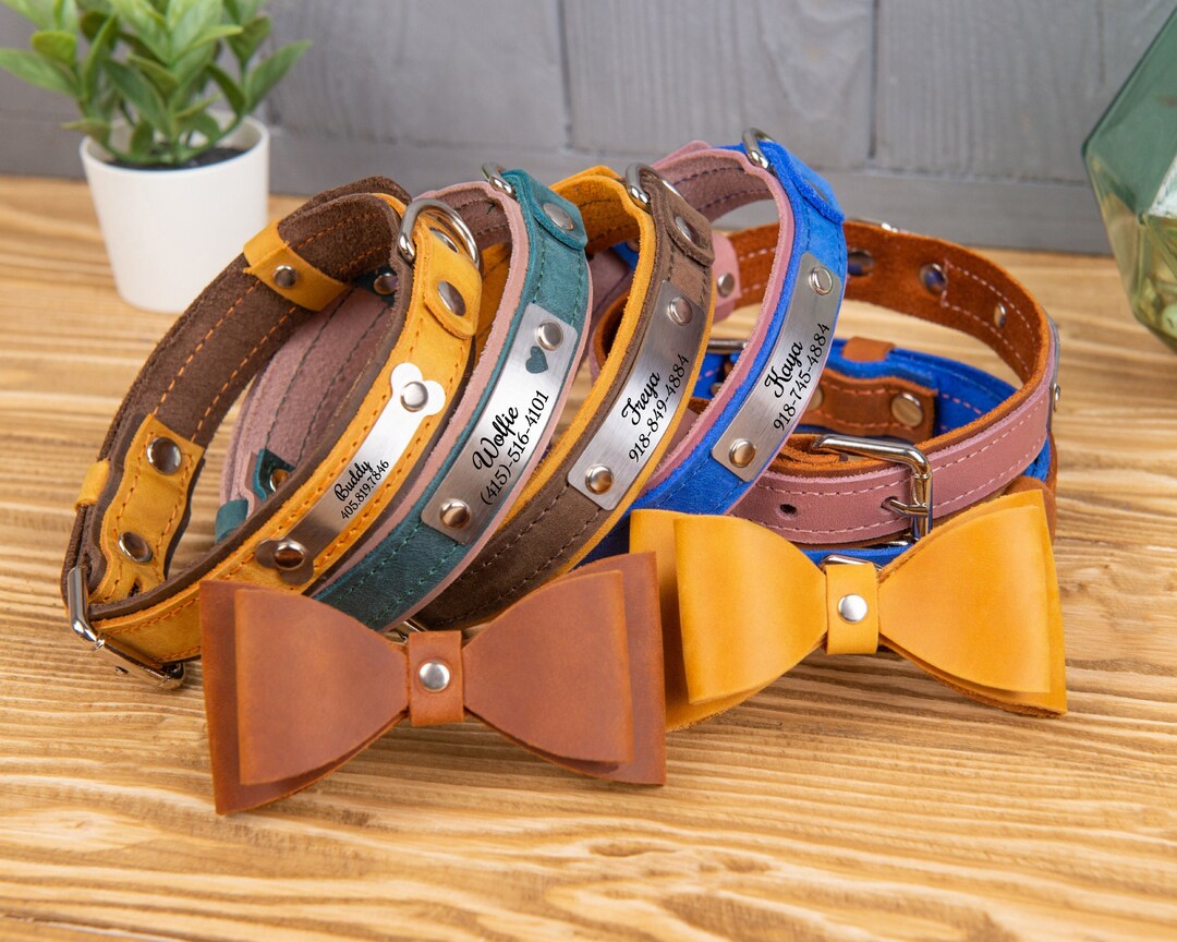 Custom Leather Cat or Dog Collar With Personalized ID Tag & Bow Tie - Etsy