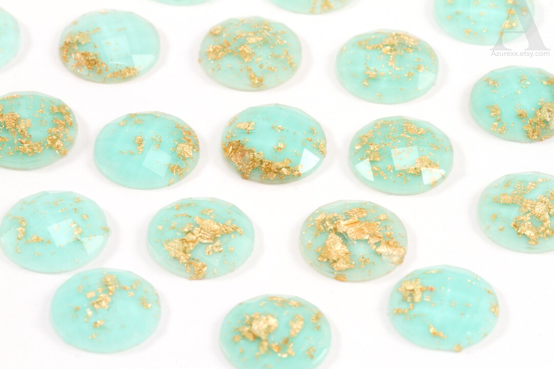 Light Mint Blue Gold Leaf Faceted Flatback Cabochon 12mm - Etsy