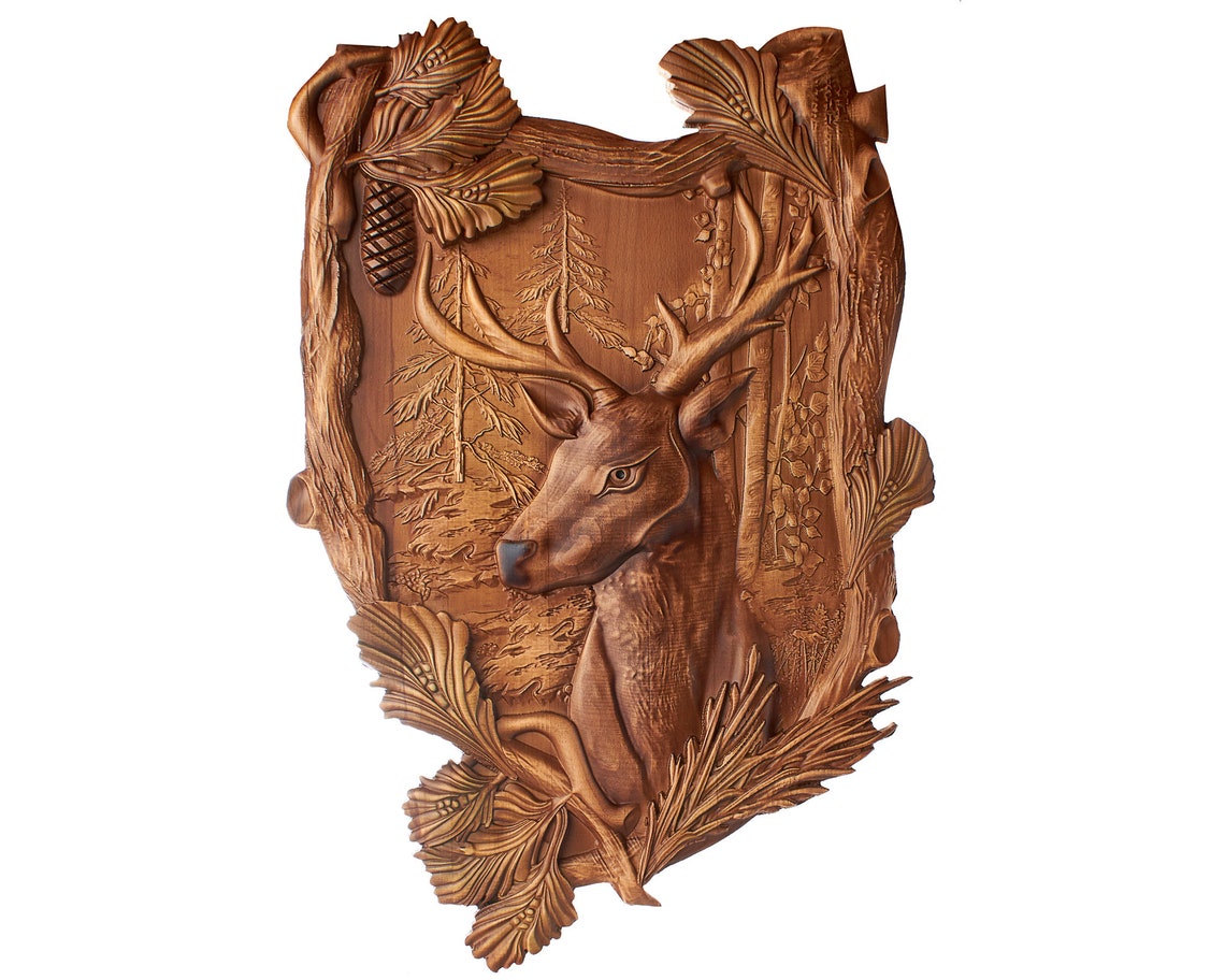 Carved Deer Wall Decor Wood Carving Deer Carved from Elm 23 by | Etsy