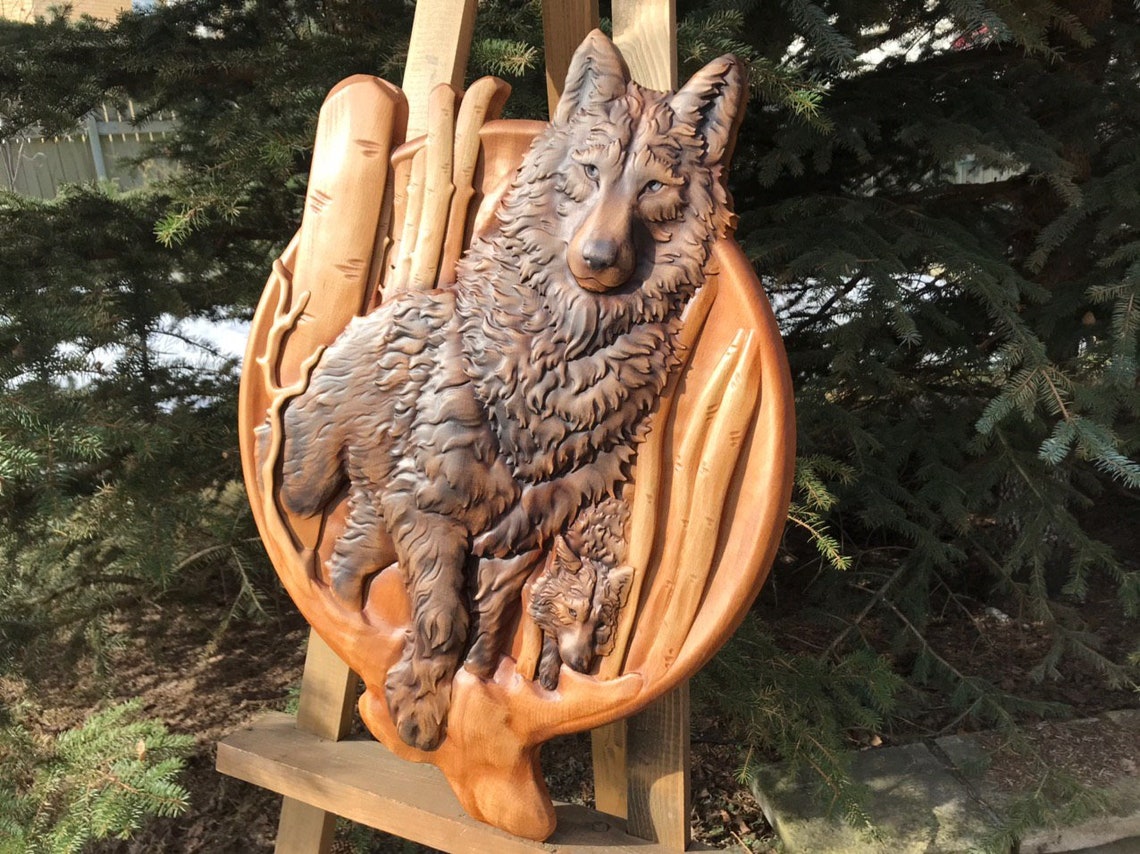 Carved Wolf Wall Art Wood Carving 17 Round Wood Art Wolf | Etsy