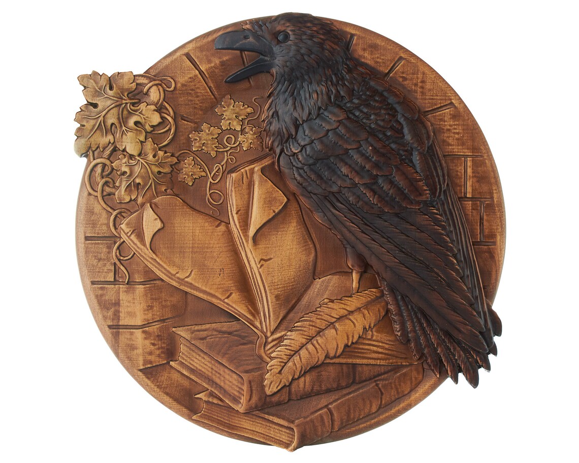 Carved Raven Wall Art Black Raven Wood Carving Picture Crow | Etsy