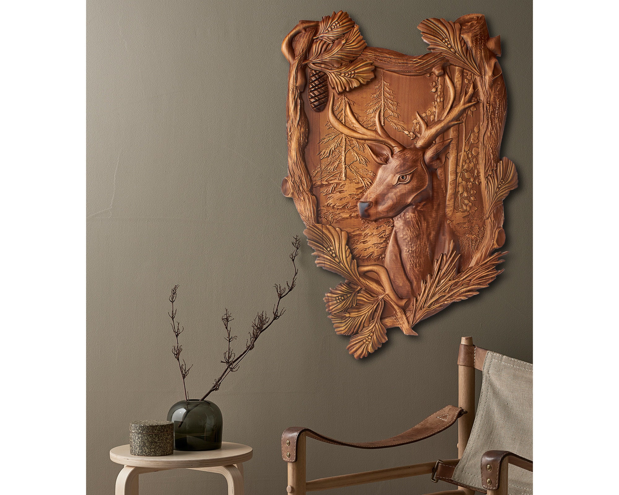 Carved Deer Wall Decor Wood Carving Deer Carved from Elm 23 by | Etsy