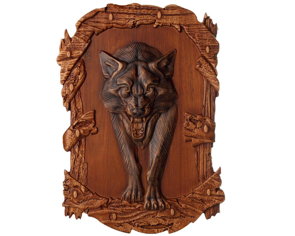 Wolf Wood Carving Art Black Wolf in Wood 15 by 21 Carved from | Etsy