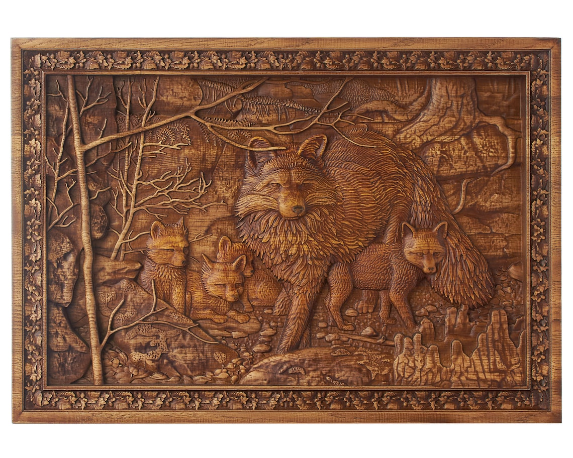 Carved Fox Wall Art Wood Carving Fox With Cubs Carved From Oak | Etsy