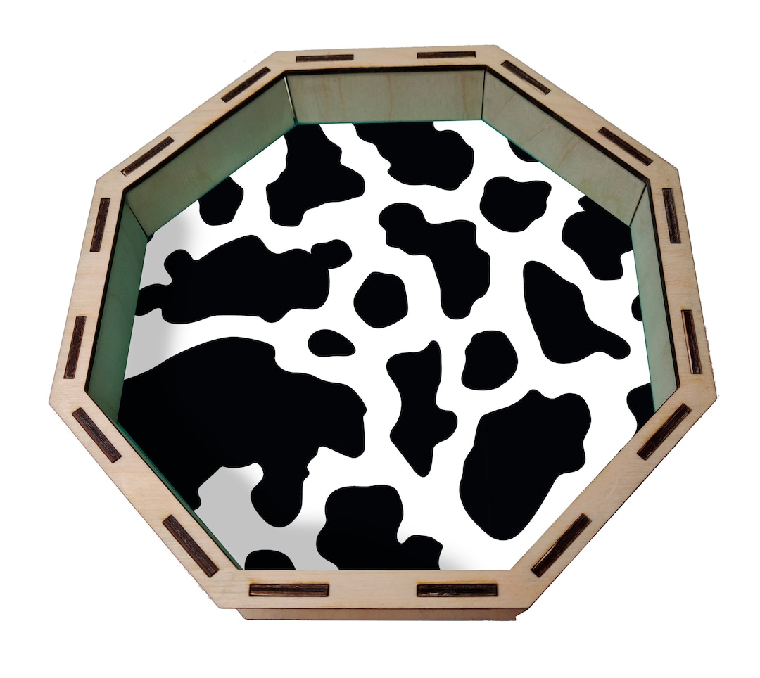 Cow Print Dice Tray, Ash Octagon D&D RPG Gaming Dice Box, Wooden Dice ...