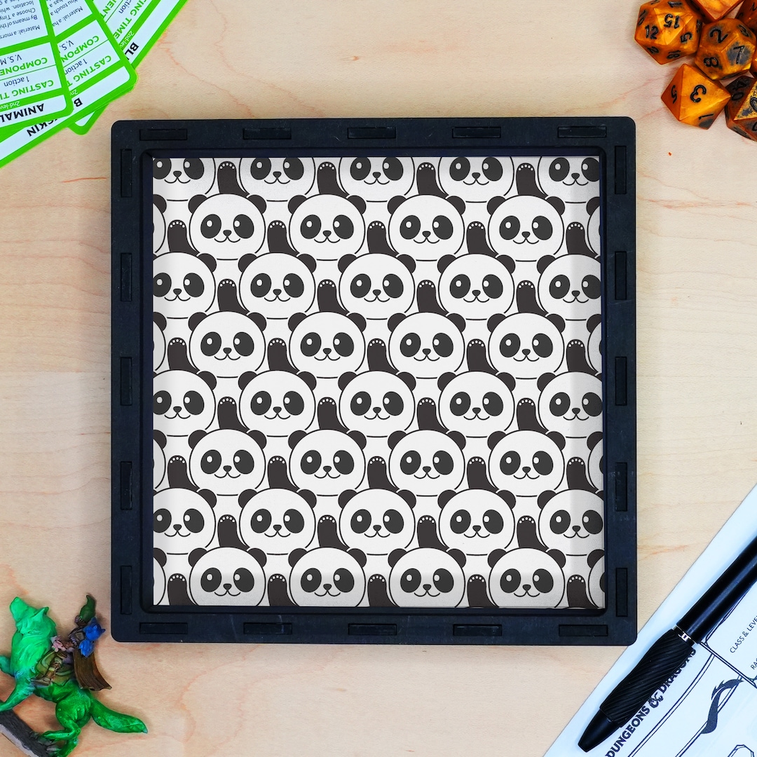 Panda Faces Dice Tray, Animal Pattern Gaming Dice Box, Black Wooden ...