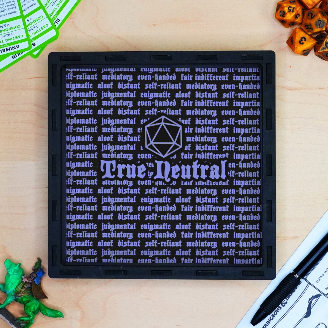 True Neutral D&D Character Alignment Dice Tray, Black Wooden Tabletop ...