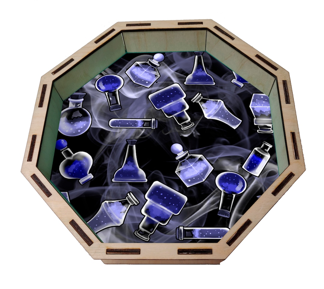 Octagon Dice Tray, Blue Potion Bottles Gaming Dice Box, Printed Wooden ...