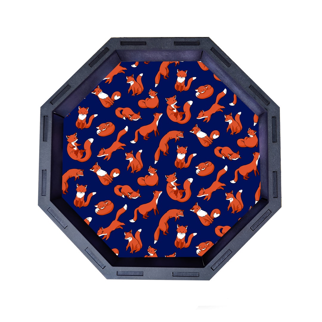 Fox Patterned Dice Tray, Black Octagon Rolling Dish for Tabletop Games ...