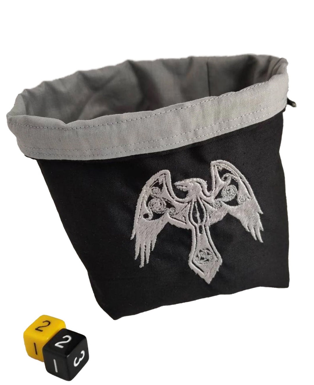 Silver Crow Dice Bag, Embroidered Raven Drawstring Pouch for Tabletop ...