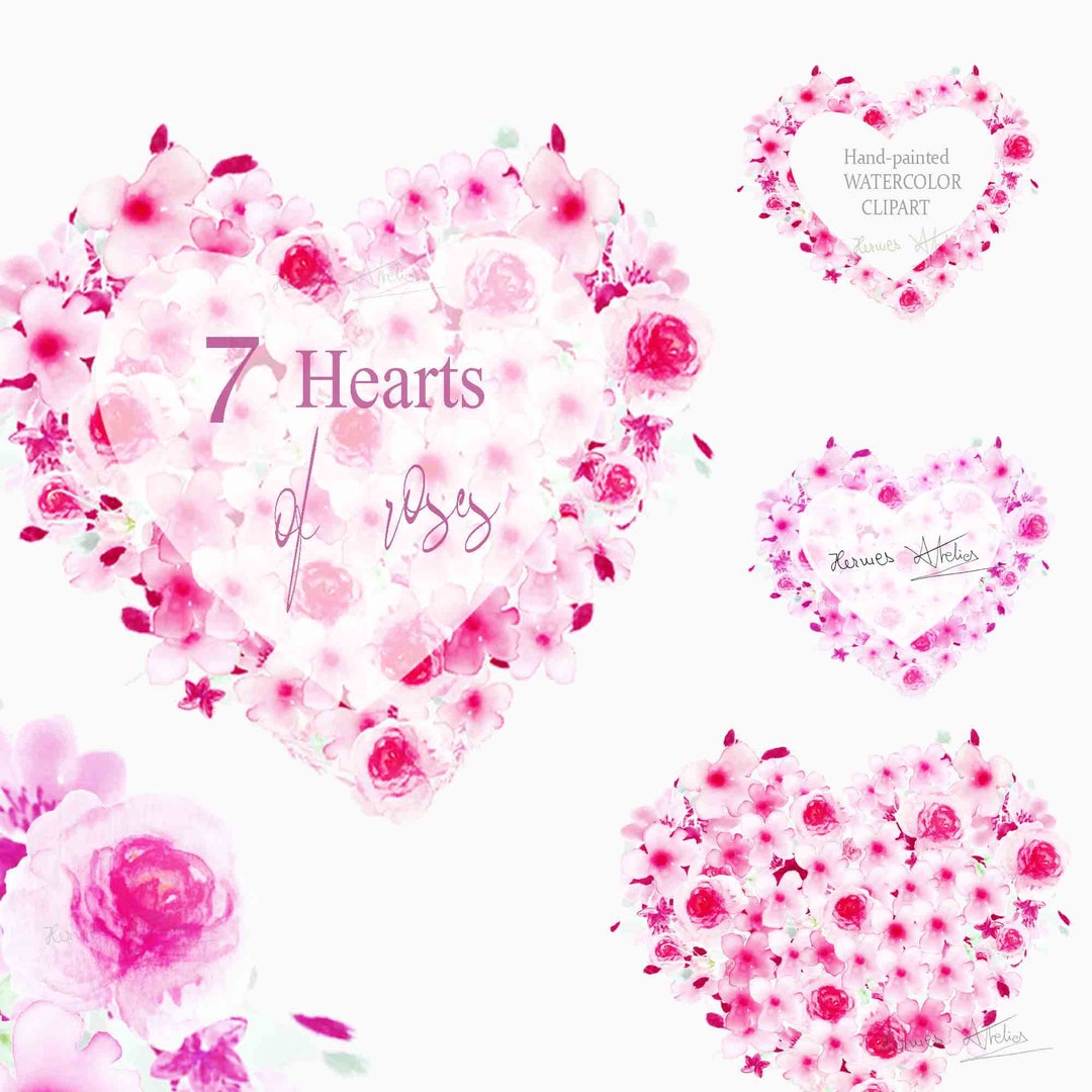 7 Hearts of Roses Clipart Watercolor Heart Frames Wedding - Etsy