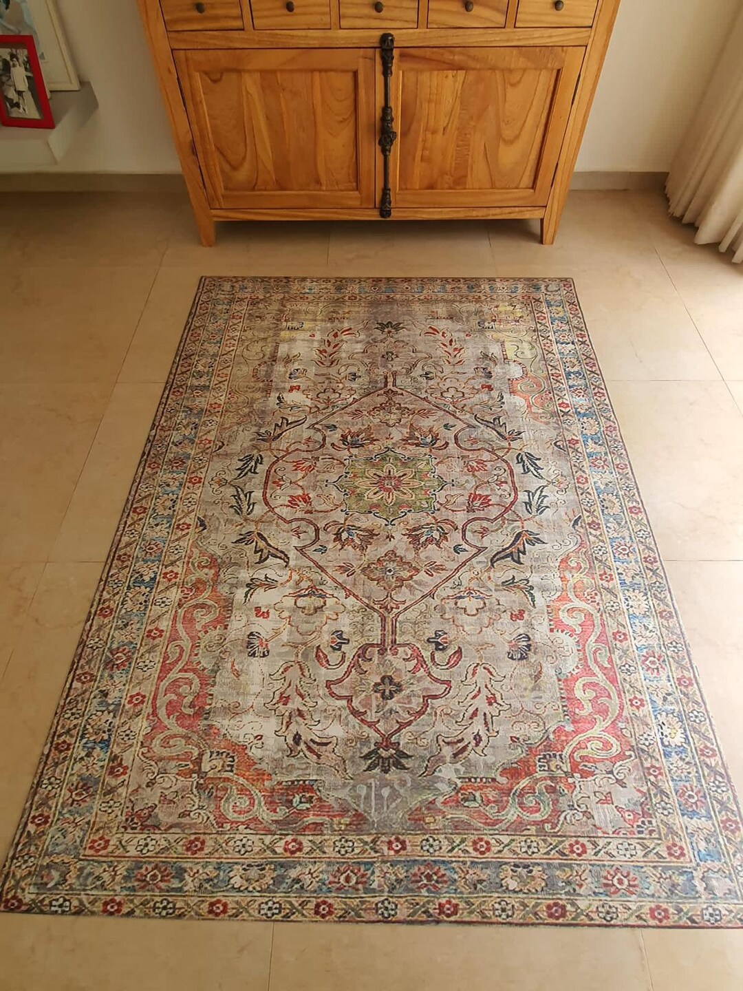 Mustafa Linoleum Rug - Beige and Burgundy Vintage-style Floor Covering ...