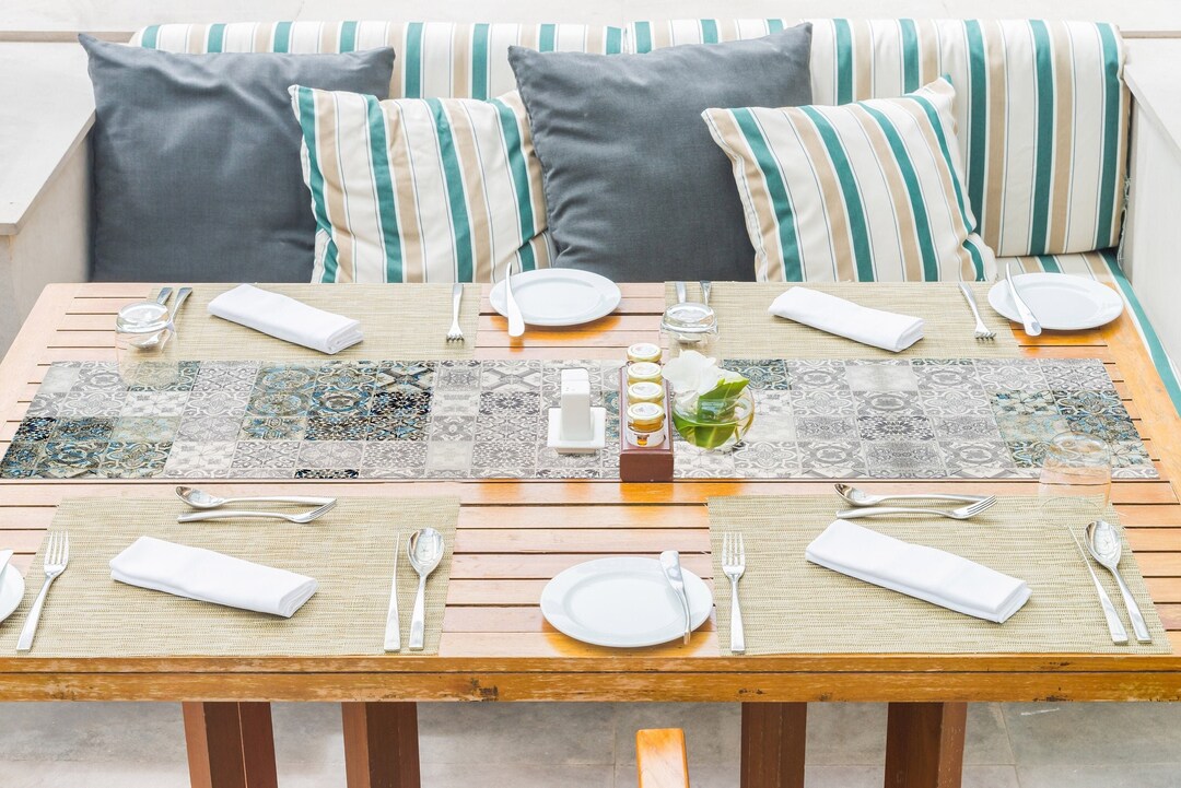 Blue Tiles Vinyl Table Runner, Modern Placemats - Etsy