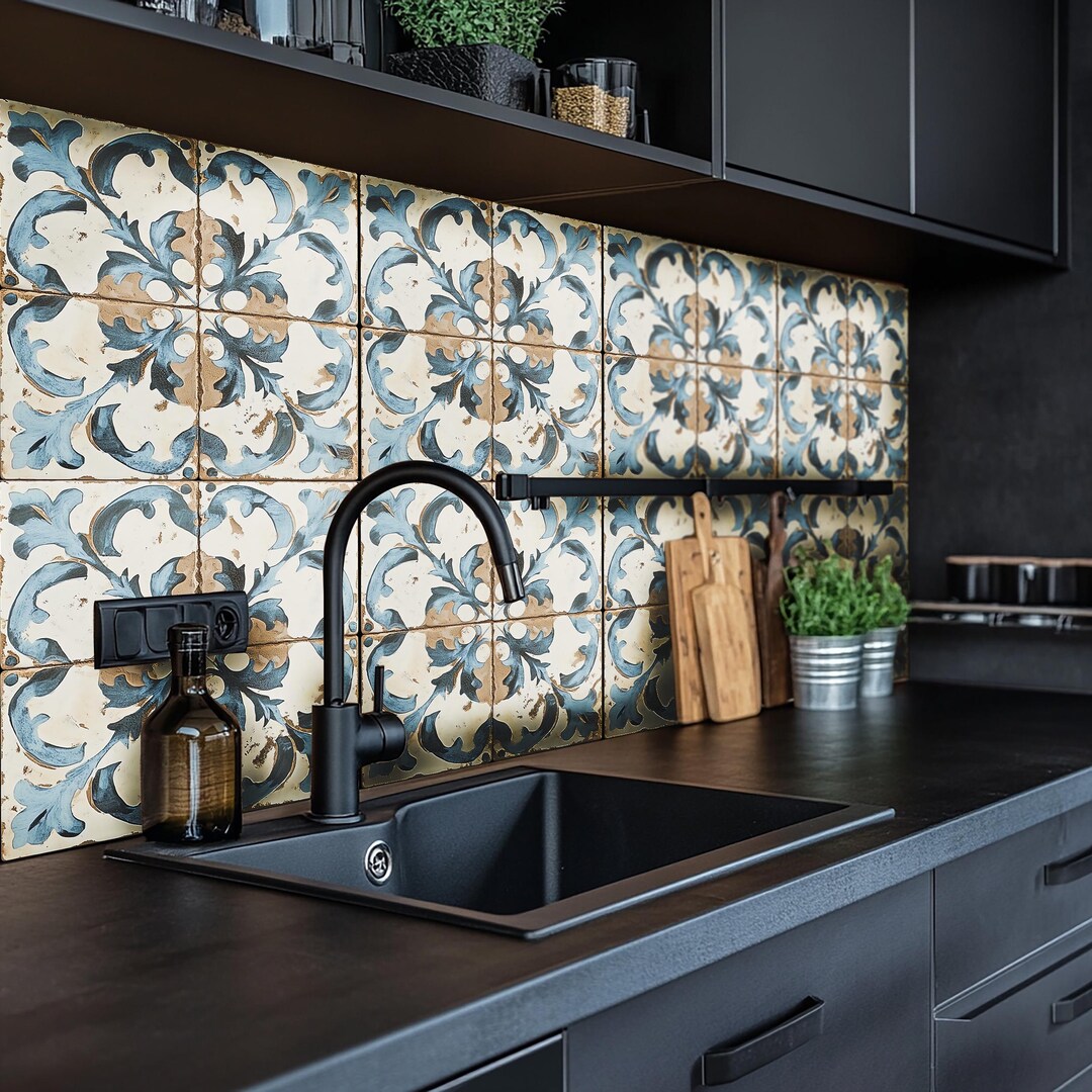 Floral Tile Stickers, Pale Blue Vintage Look Tile Stickers, Light Blue ...