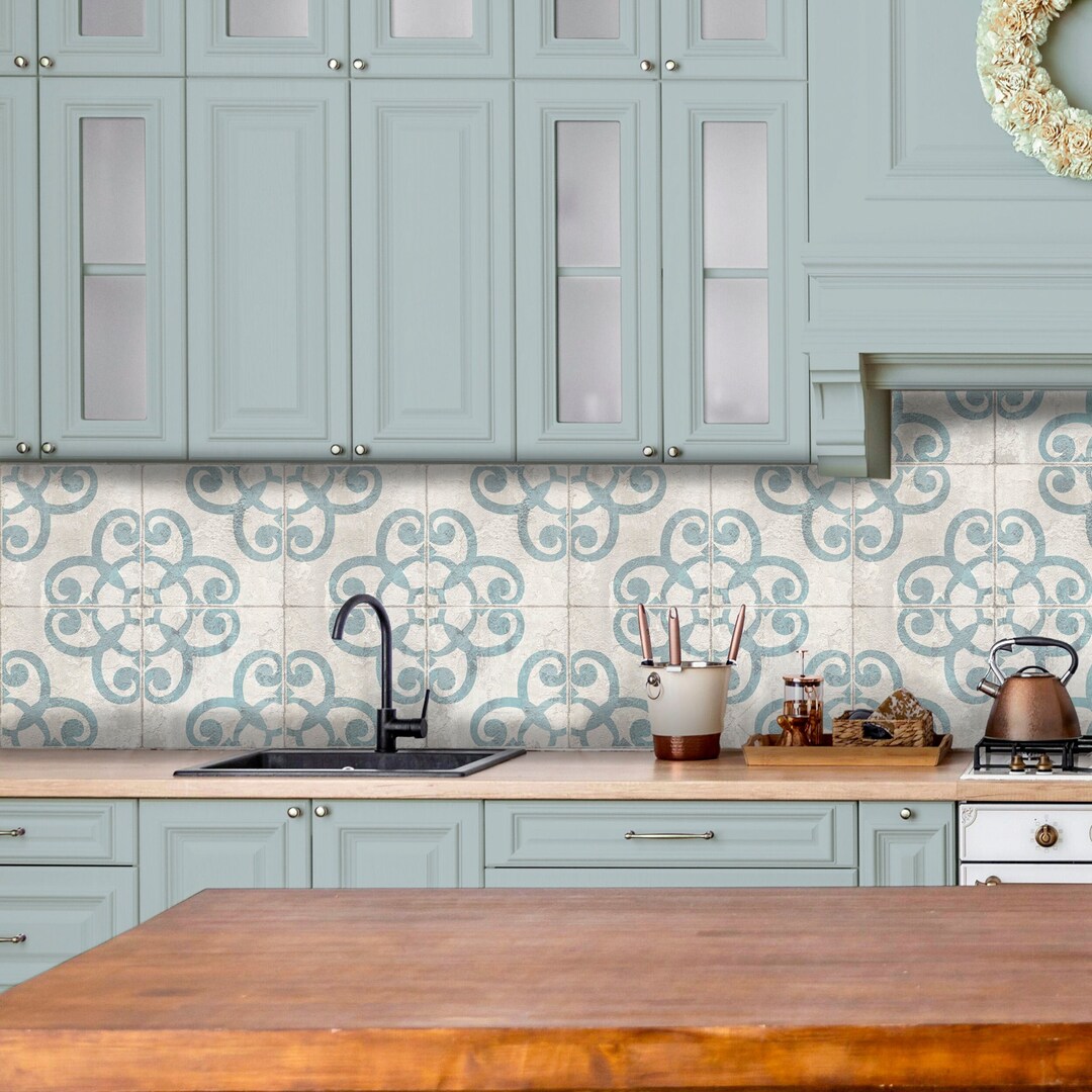 Light Blue Vintage Tile Stickers, Blue Machuca, Rustic Kitchen Tile ...