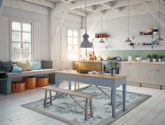 Blue Rug Kitchen Vinyl Floor Rug Antique Living Spaces Rug - Etsy