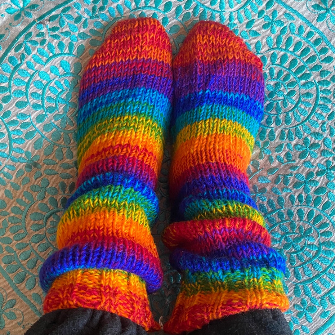 Rainbow Knitted Socks: Chunky Fleece-lined Hand Warmers - Etsy