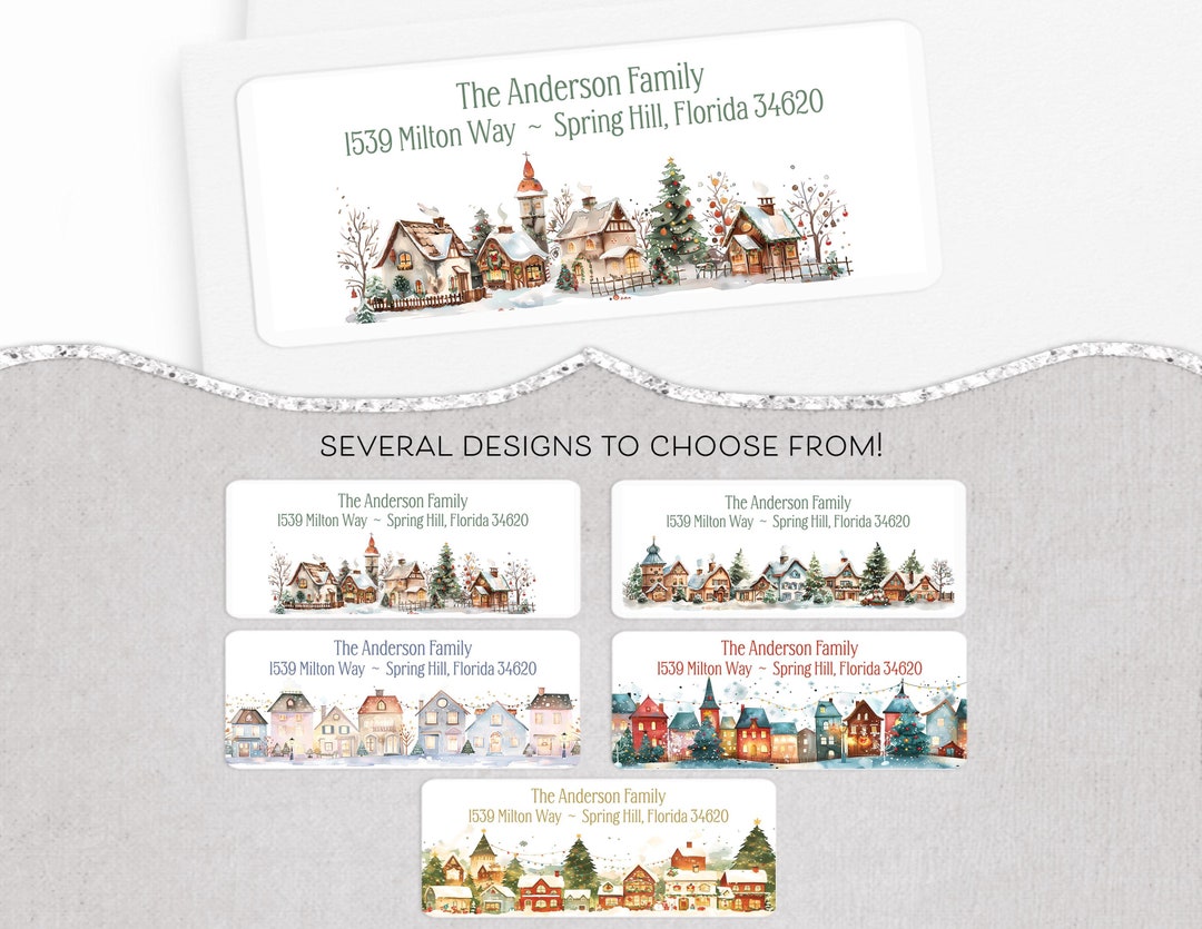 Christmas Village Address Label, Snowy Village Address Sticker, Holiday ...
