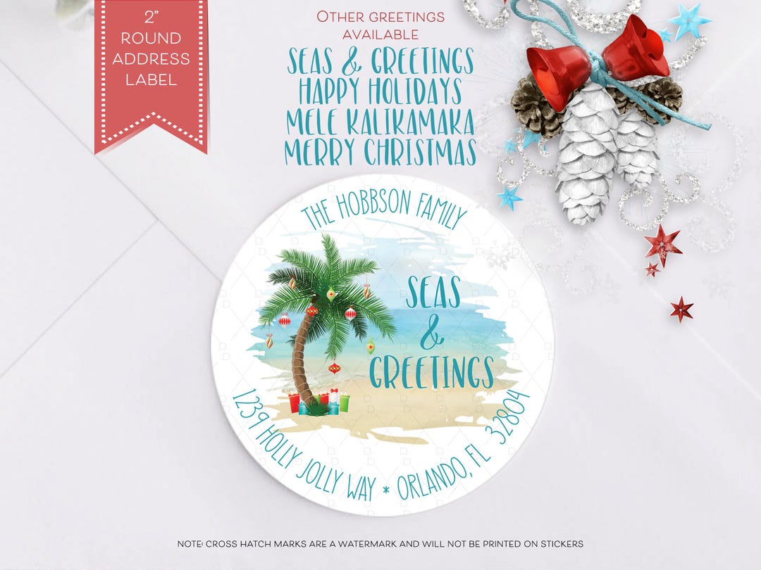 Beach Christmas Address Label, Tropical Holiday Round Address Sticker ...