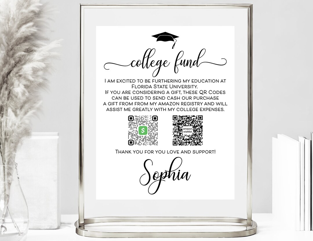 College Fund Table Sign With QR Code, Printed Grad Gift Registry Party ...