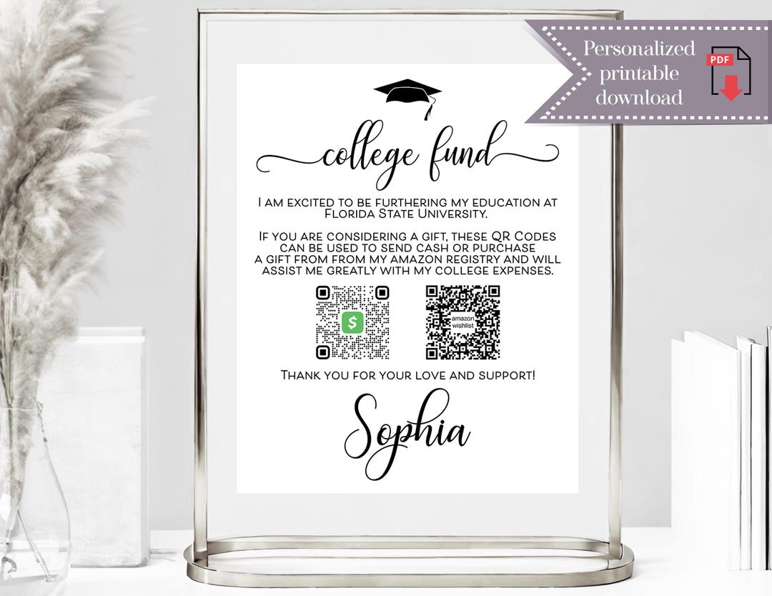 Printable College Fund Table Sign With QR Code, DIY Grad Gift Registry ...