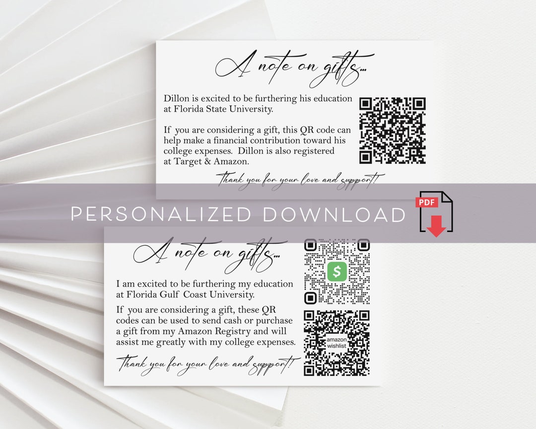 Graduation Gift Insert Card PDF Download, College Fund QR Code ...