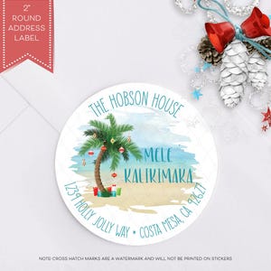 Beach Christmas Address Label, Tropical Holiday Round Address Sticker ...
