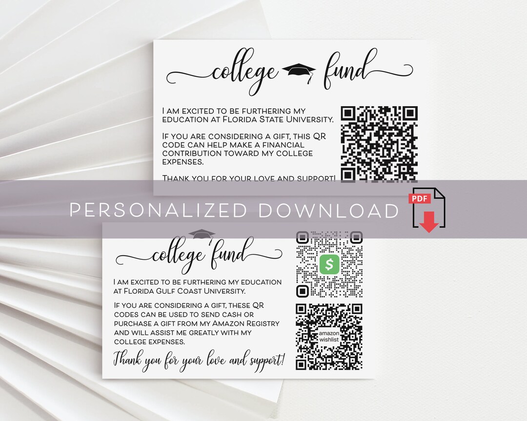 Graduation Gift Insert Card PDF Download, College Fund QR Code ...