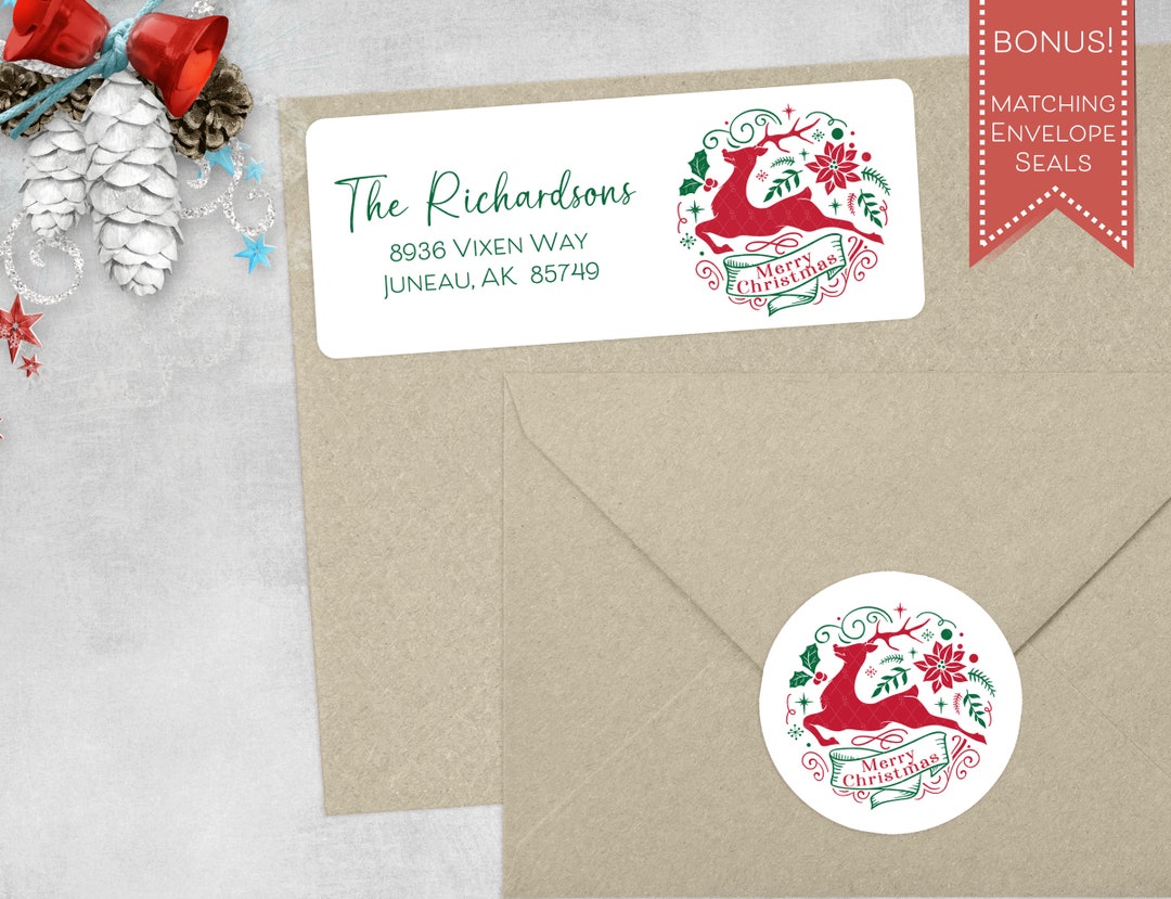 Reindeer Christmas Return Address Labels and Matching Envelope Seals ...
