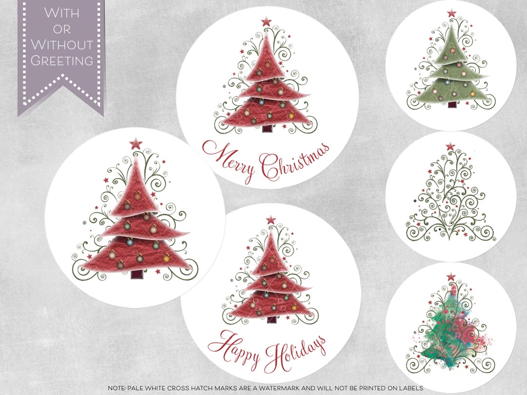 Merry Christmas Round Sticker With Christmas Tree, Happy Holidays ...