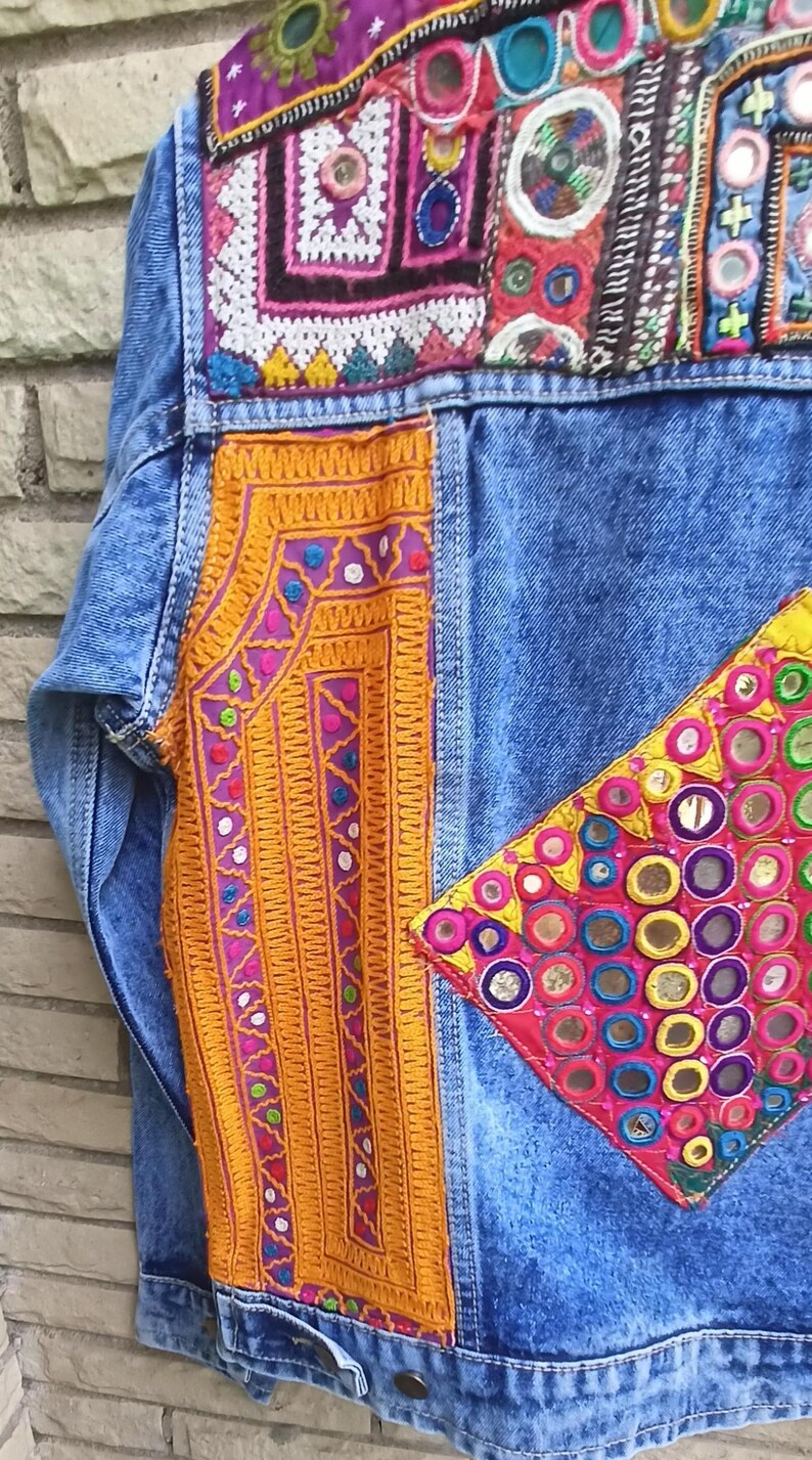 Women Denim Jacket,indian Patchwork,banjara Jacket,vintage Fabric,mirror Work, Boho Hippie Style ...