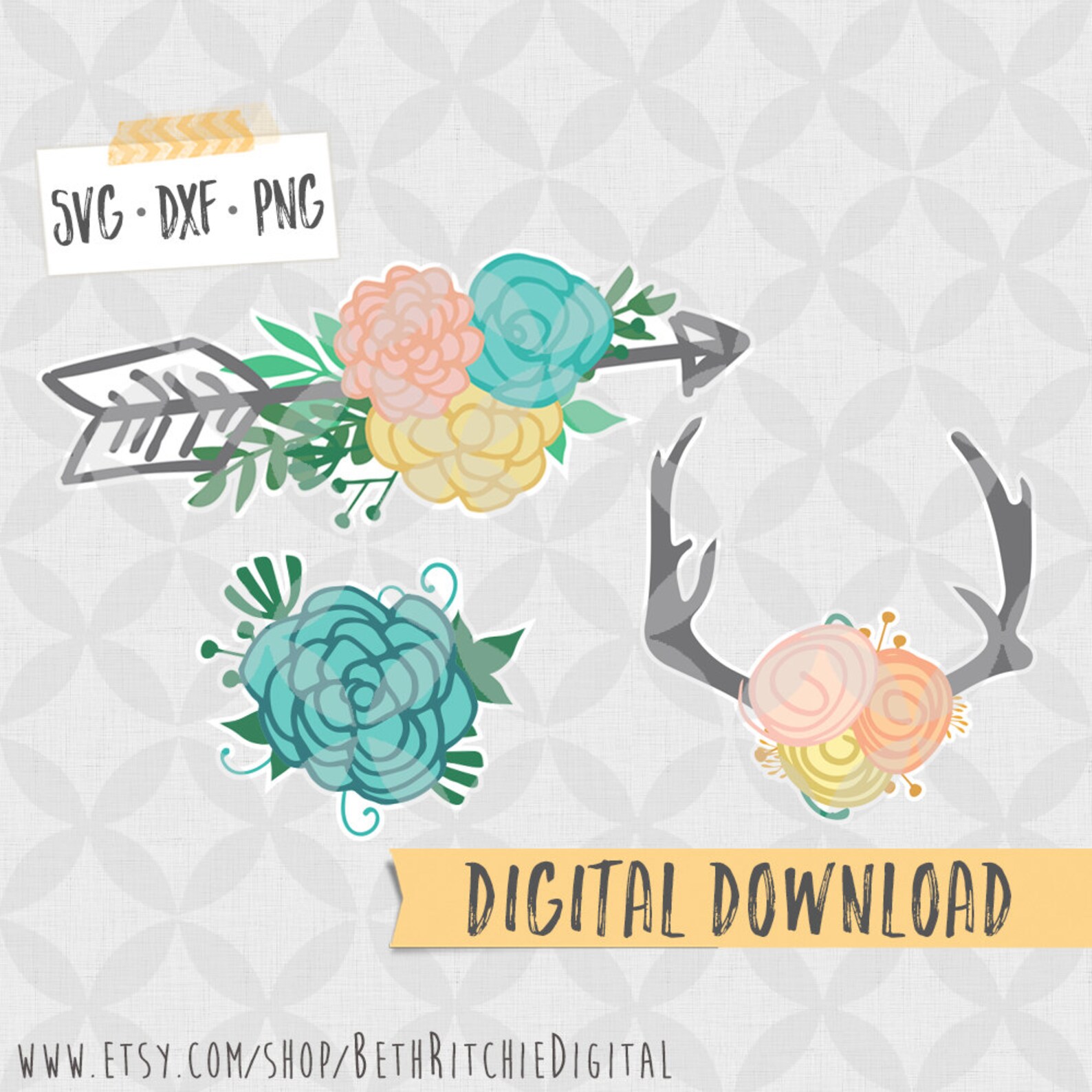 Floral Antlers and Floral Arrow - SVG DXF PNG Digital Download ...