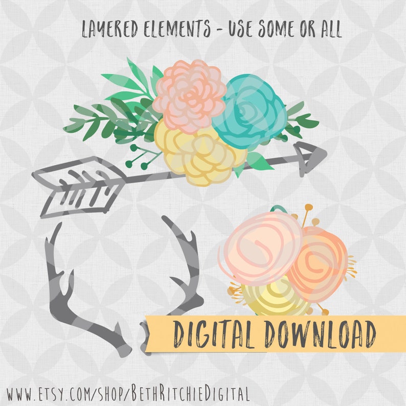 Floral Antlers and Floral Arrow - SVG DXF PNG Digital Download ...