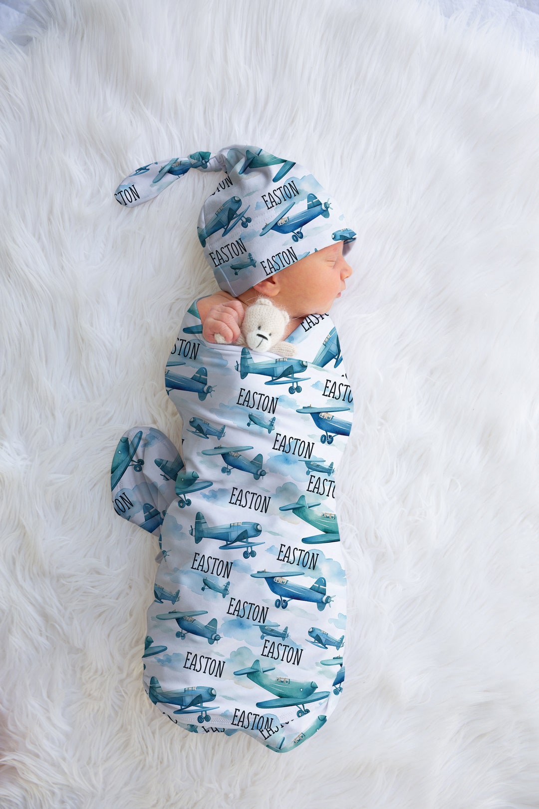 Airplane Personalized Baby Name Swaddle Blanket Set With Birth Stat ...