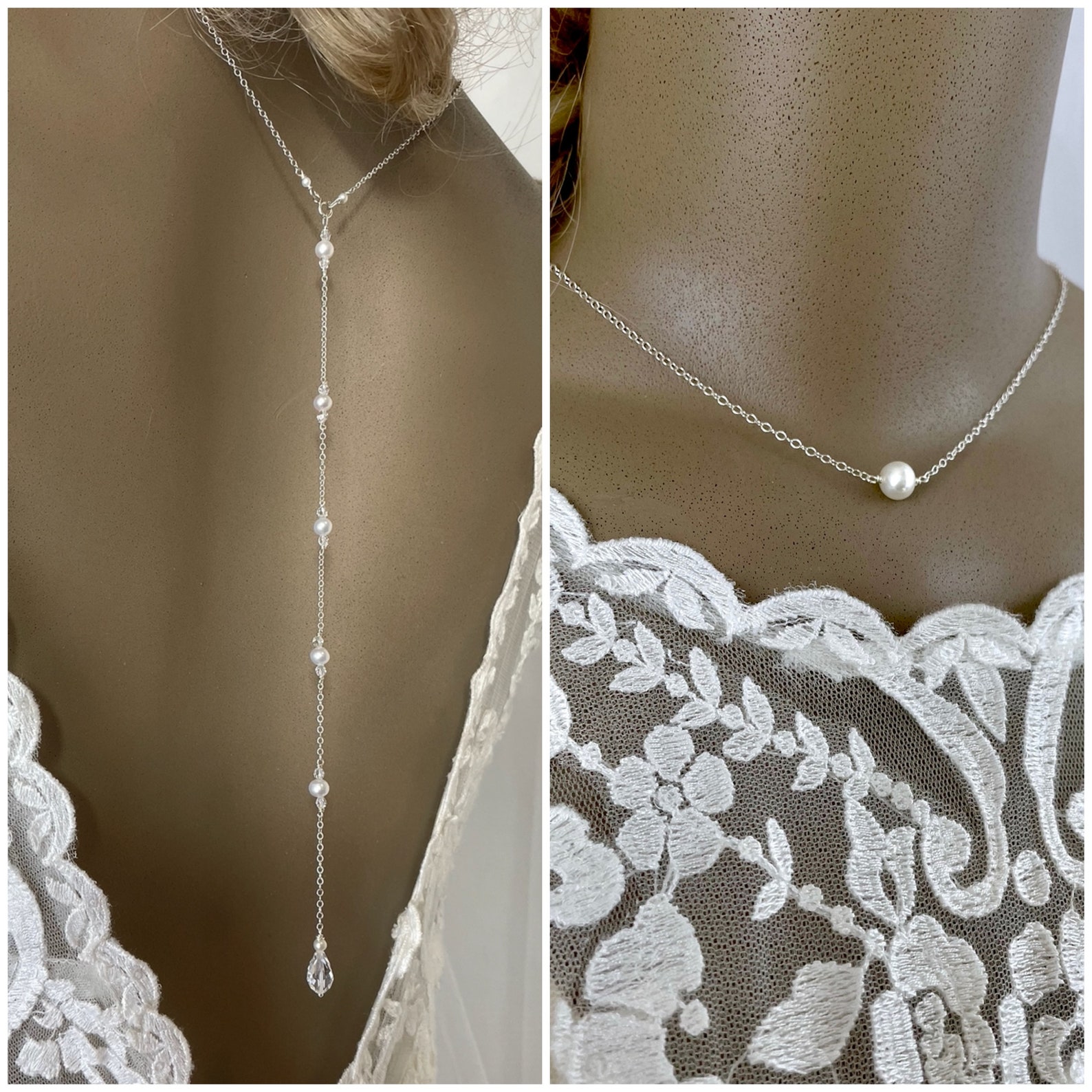 Dainty Pearl Back Necklace for Women, Long Backdrop Necklace for Bride ...