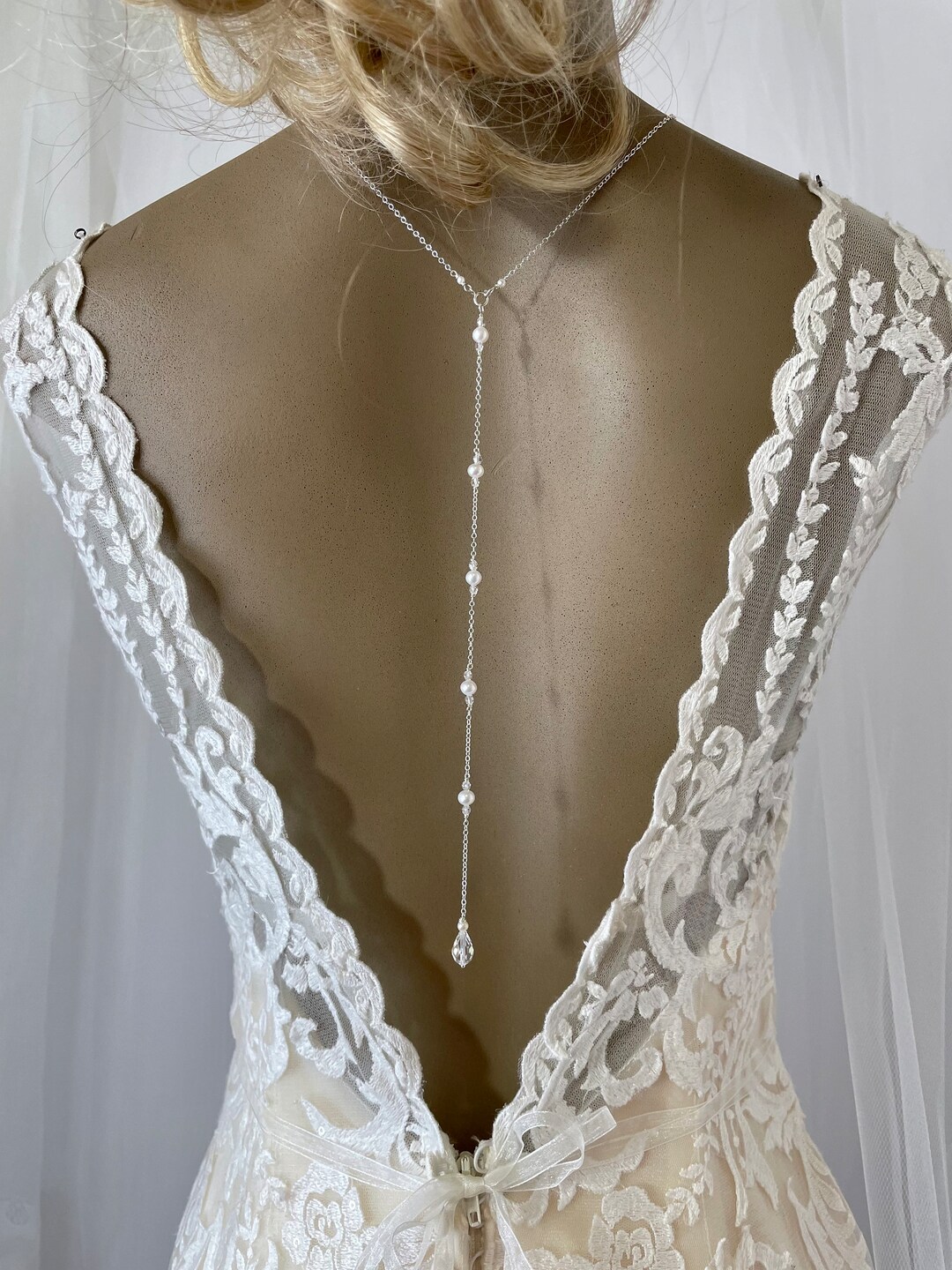 Dainty Pearl Back Necklace for Women, Long Backdrop Necklace for Bride ...