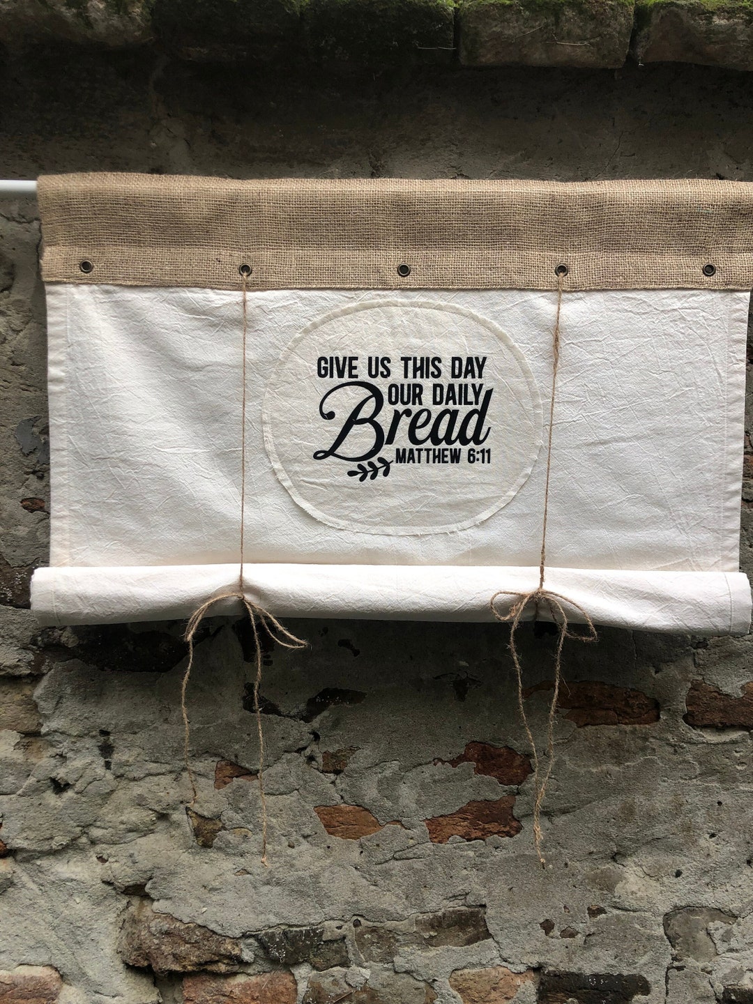 Roll up Burlap&cotton Curtain With Christian Print Tie up Valance ...