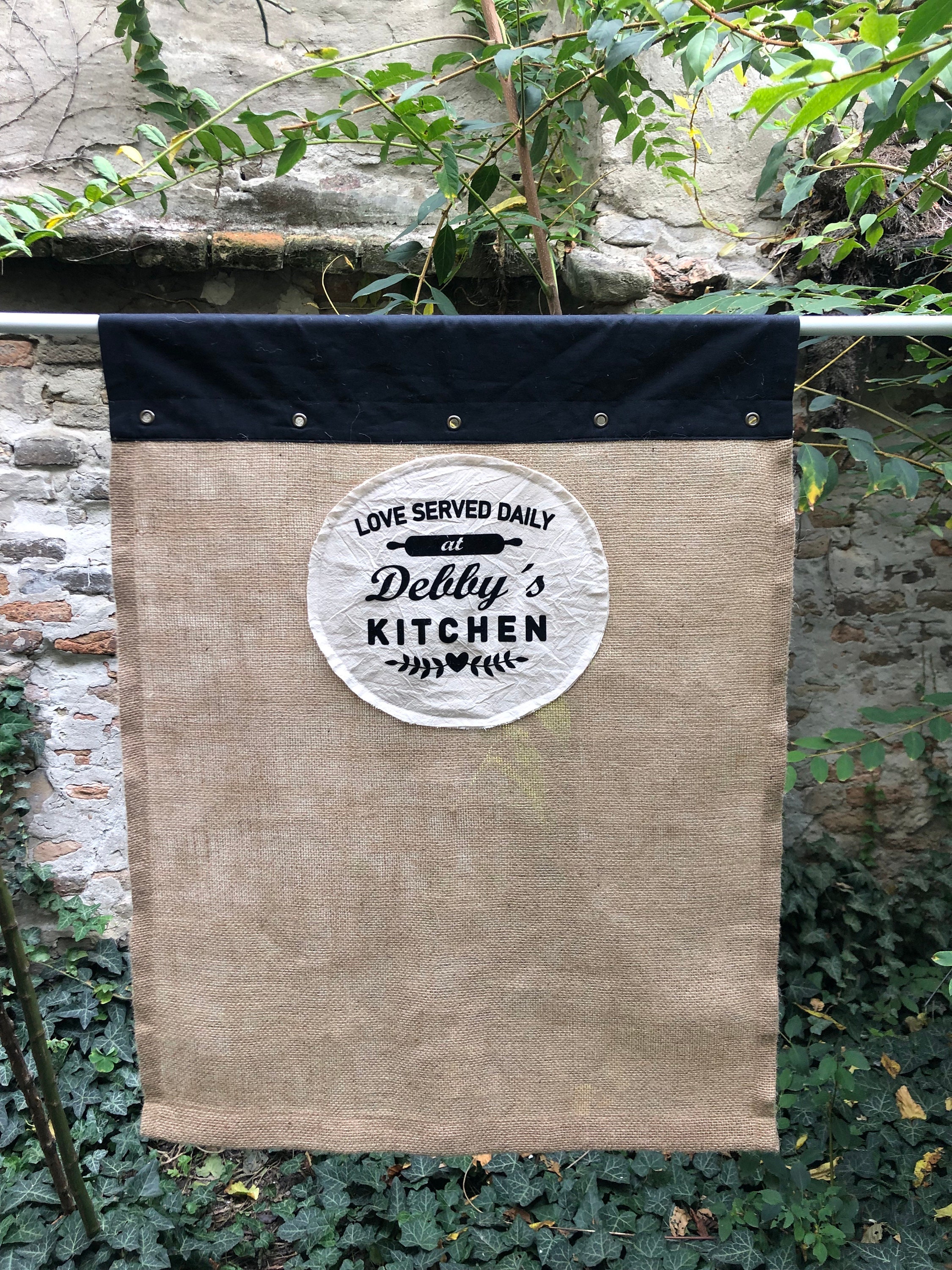 Custom Name Natural Burlap Kitchen Tie up Valance With Black Top and ...