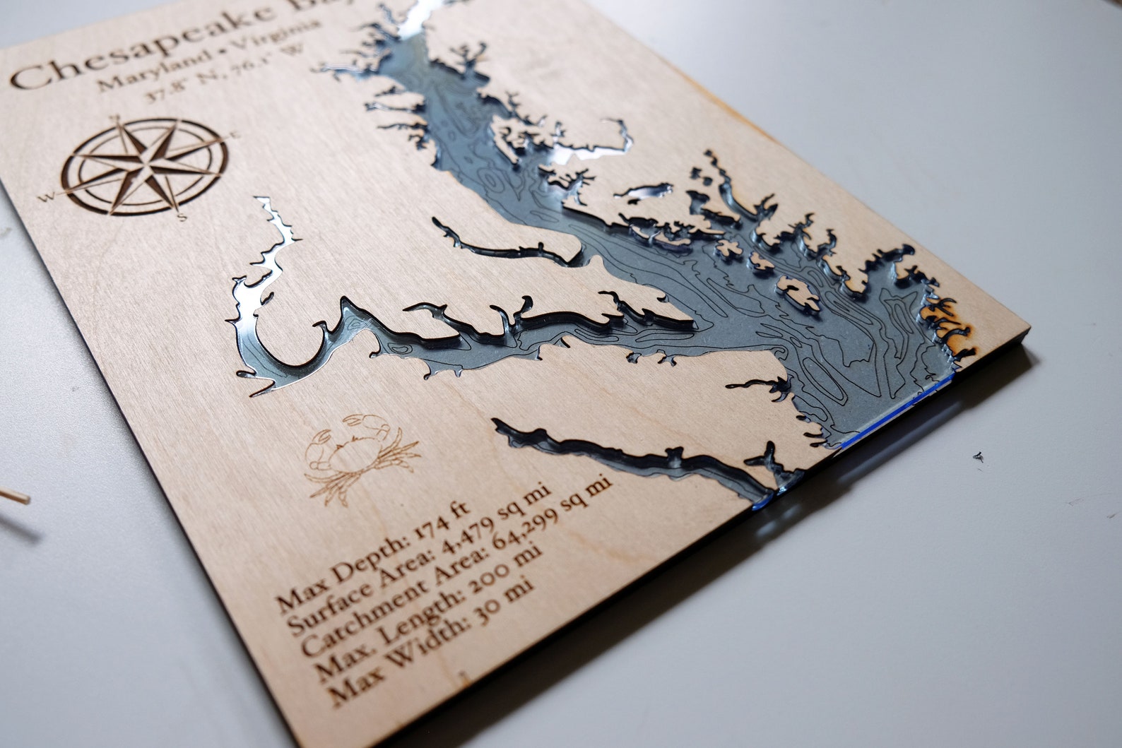 Chesapeake Bay Lake Depth Contour Sign, Wooden Map, Housewarming Gift ...