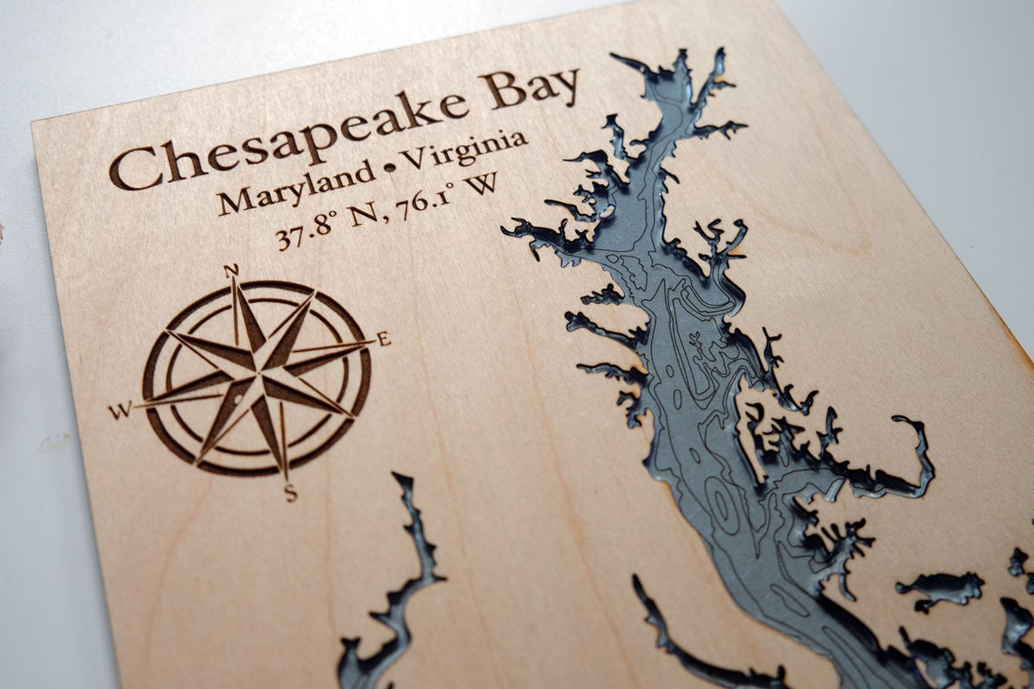 Chesapeake Bay Lake Depth Contour Sign, Wooden Map, Housewarming Gift ...