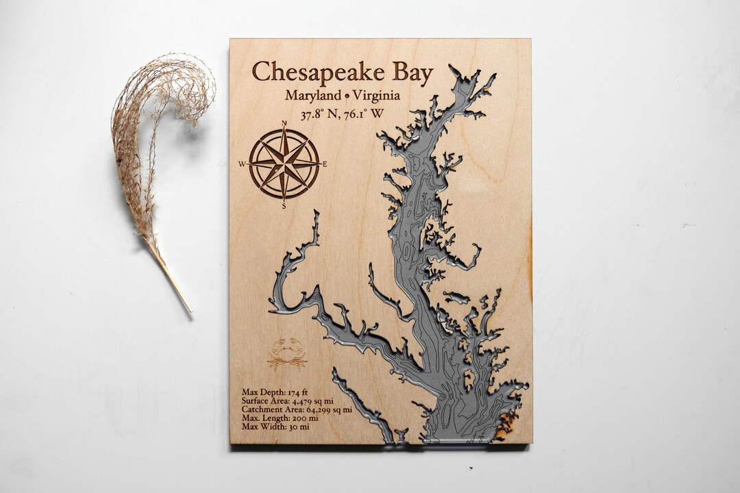 Chesapeake Bay Lake Depth Contour Sign, Wooden Map, Housewarming Gift ...