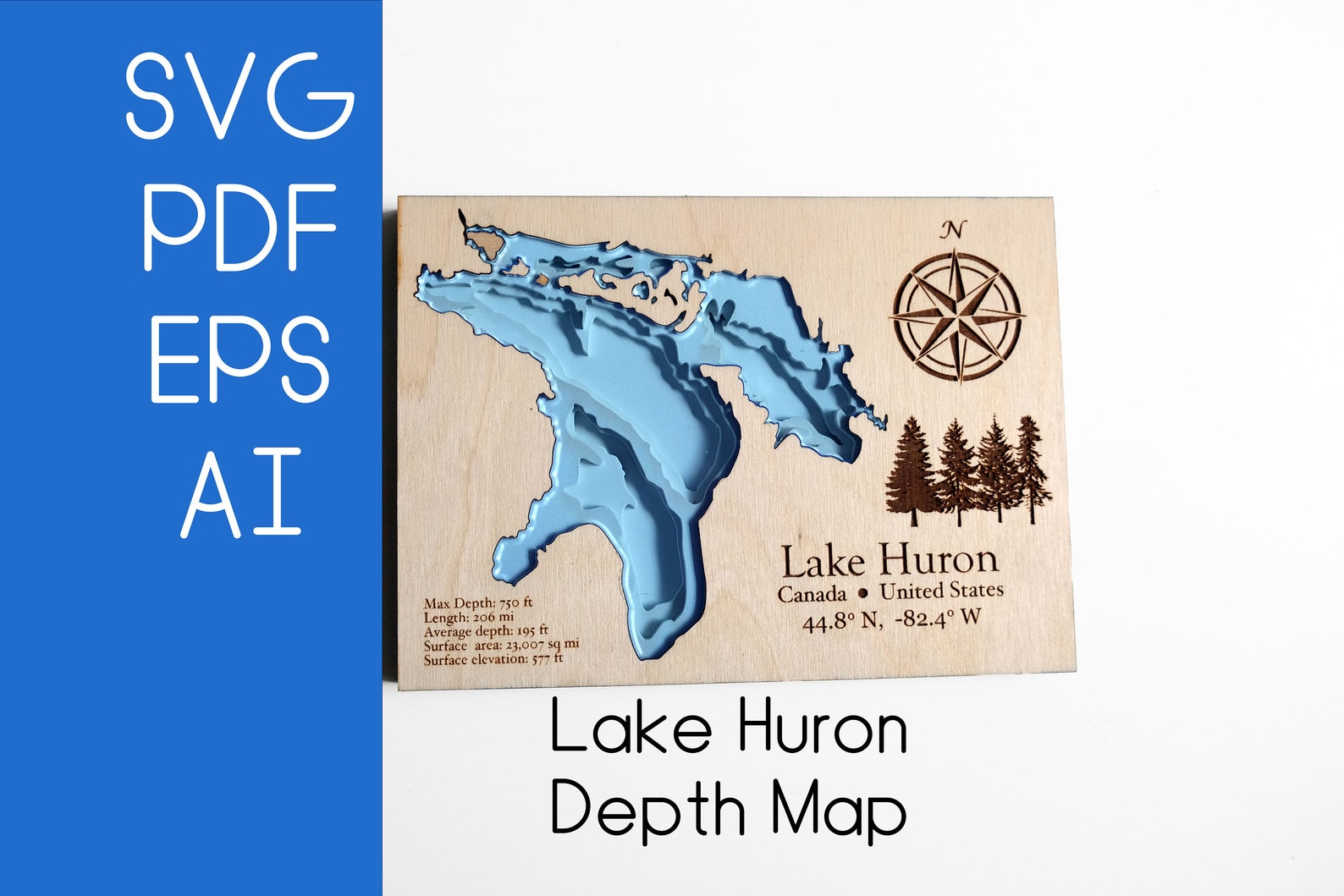 Digital File Lake Huron Depth Map SVG PDF PNG Laser Cut - Etsy