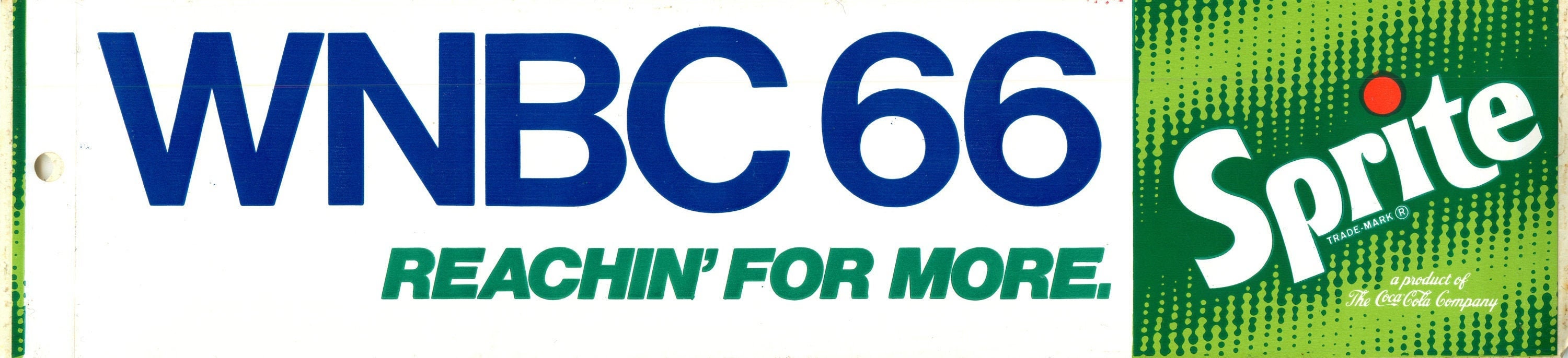 66 WNBC Bumper Sticker/sprite "reachin' for More" -- Legendary AM Radio Station NYC Late 70s ...