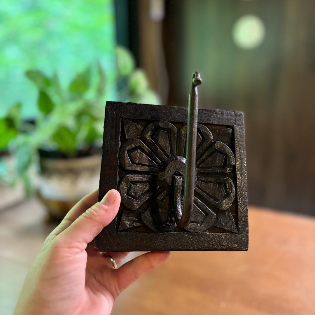 Rustic Hand Carved Folk Art Flower Wall Hook Wood and Nail Primitive ...