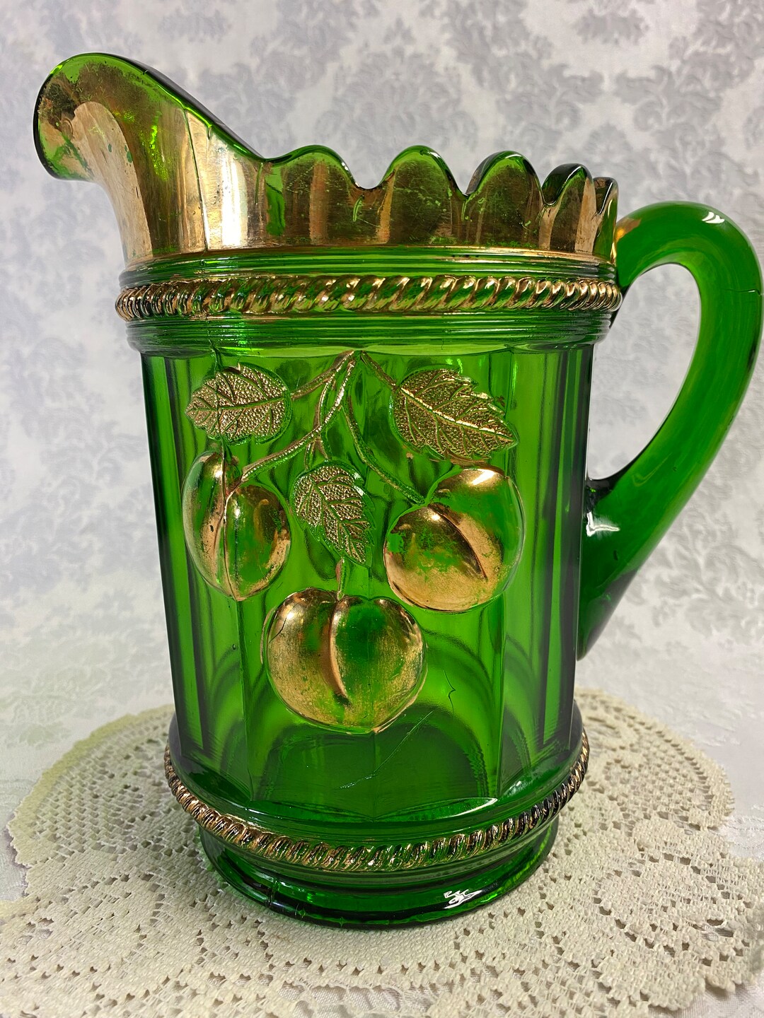 Northwood EAPG Emerald Green Water Pitcher With Peach Pattern - Etsy
