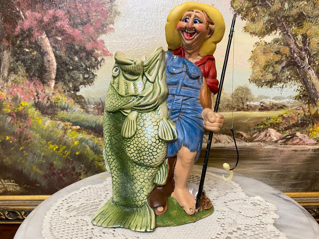Humorous Hillbilly Redneck Fisherman With Large Fish Ceramic Figurine ...